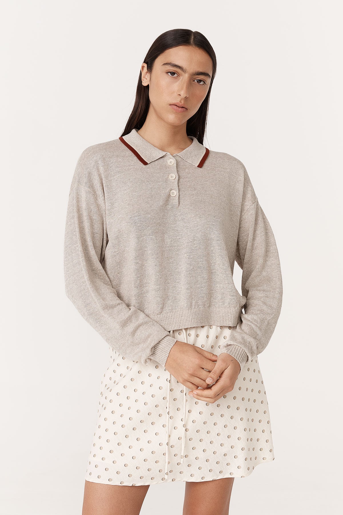 Uma Linen Knit Polo Top Oat Marle | ROWIE Tops – ROWIE The Label