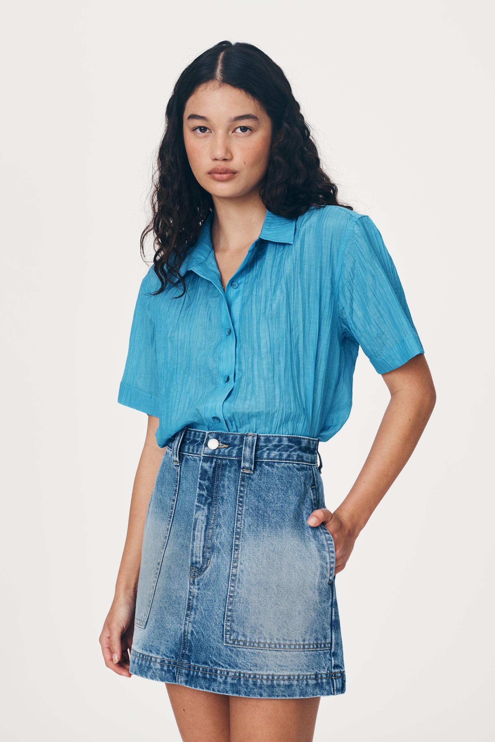 Georgia Denim Mini Skirt in Classic Wash | ROWIE Skirts – ROWIE The Label
